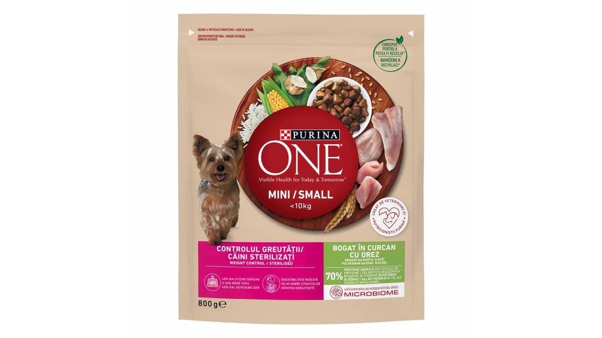 Purina One Mini controlul greutatii cu curcan si orez, hrana uscata pentru caini, 800g ...