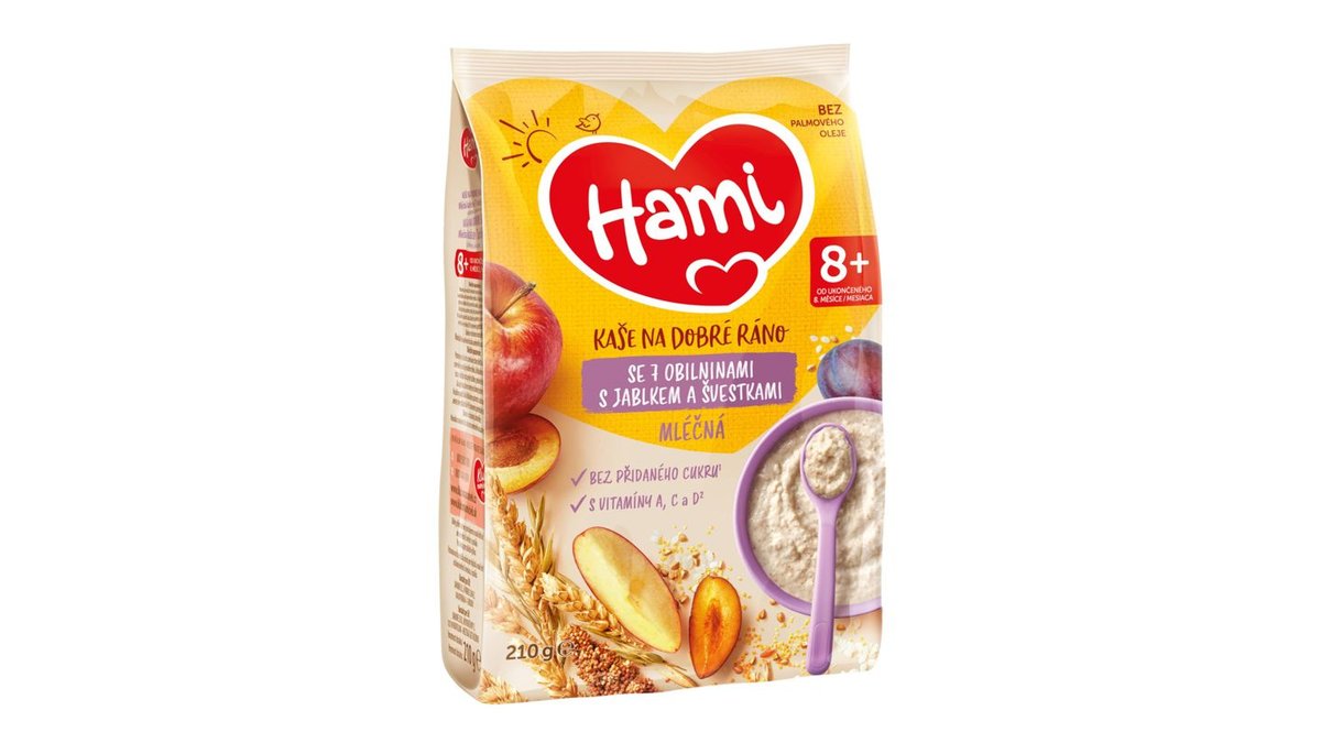 Hami Mléčná kaše na dobré ráno se 7 obilninami s jablkem a švestkami od ukončeného 8. měsíce ...
