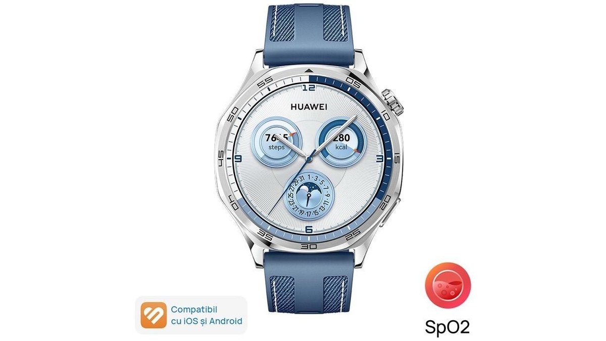 Smartwatch Huawei Watch GT 5, 46MM, Tarnish Stainless Steel Case, Blue Woven Strap | eMAG ...