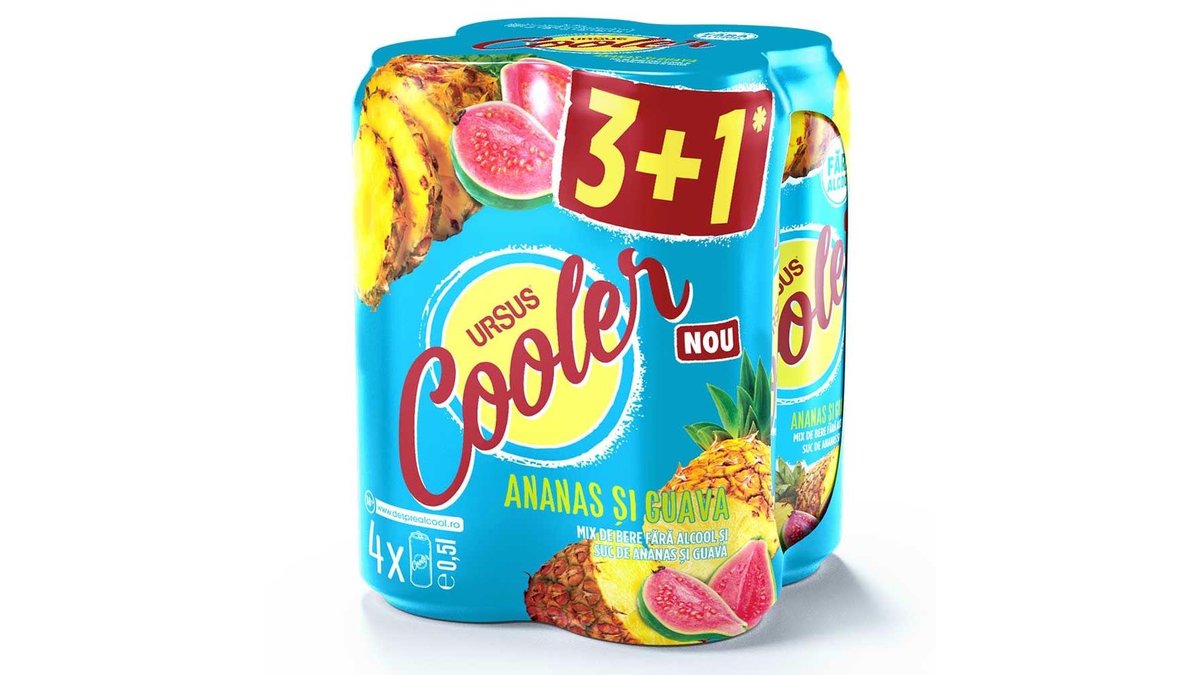 Bere fara alcool cu ananas si guava Ursus Cooler, doza, 4x0.5L (3+1 ...