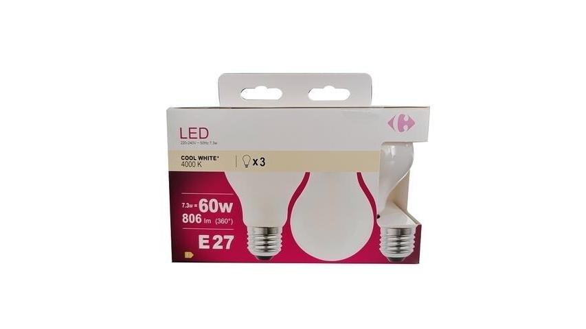 Set 3 becuri LED Carrefour, E27, 60 W, 806 lm, 4000 K, Alb rece | Carrefour Tudor Vladimirescu ...