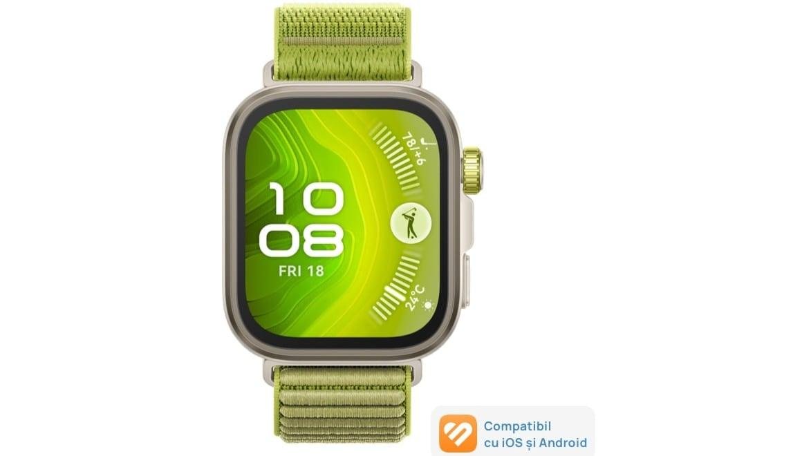 Smartwatch HUAWEI Watch Fit 4 Pro, Titanium Color Body with Green Woven Strap | eMAG Cluj | Wolt