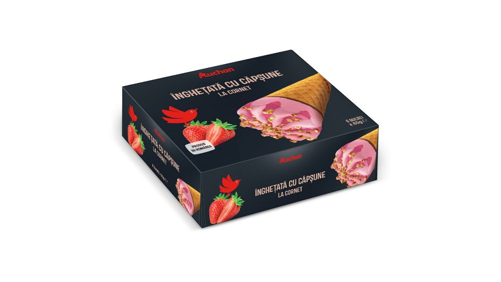 Pachet de inghetata la cornet cu capsuni, arahide si glazura de cacao Auchan, 6 x 65 g | Auchan ...
