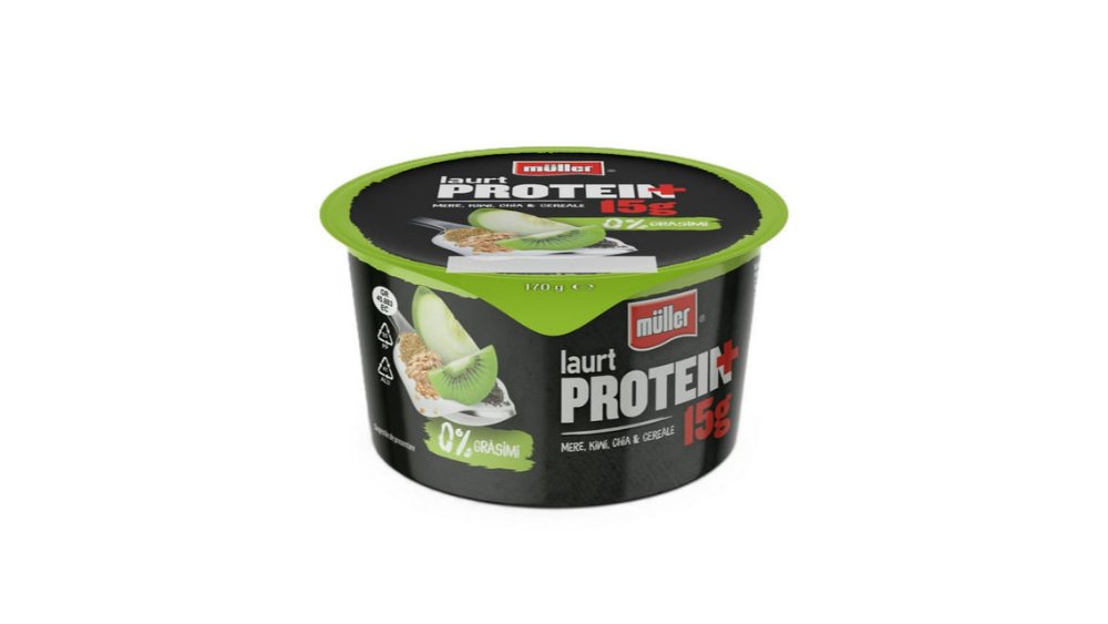 Iaurt proteic cu mere, kiwi, chia si cereale Muller, 0% grasimi, 170 g ...